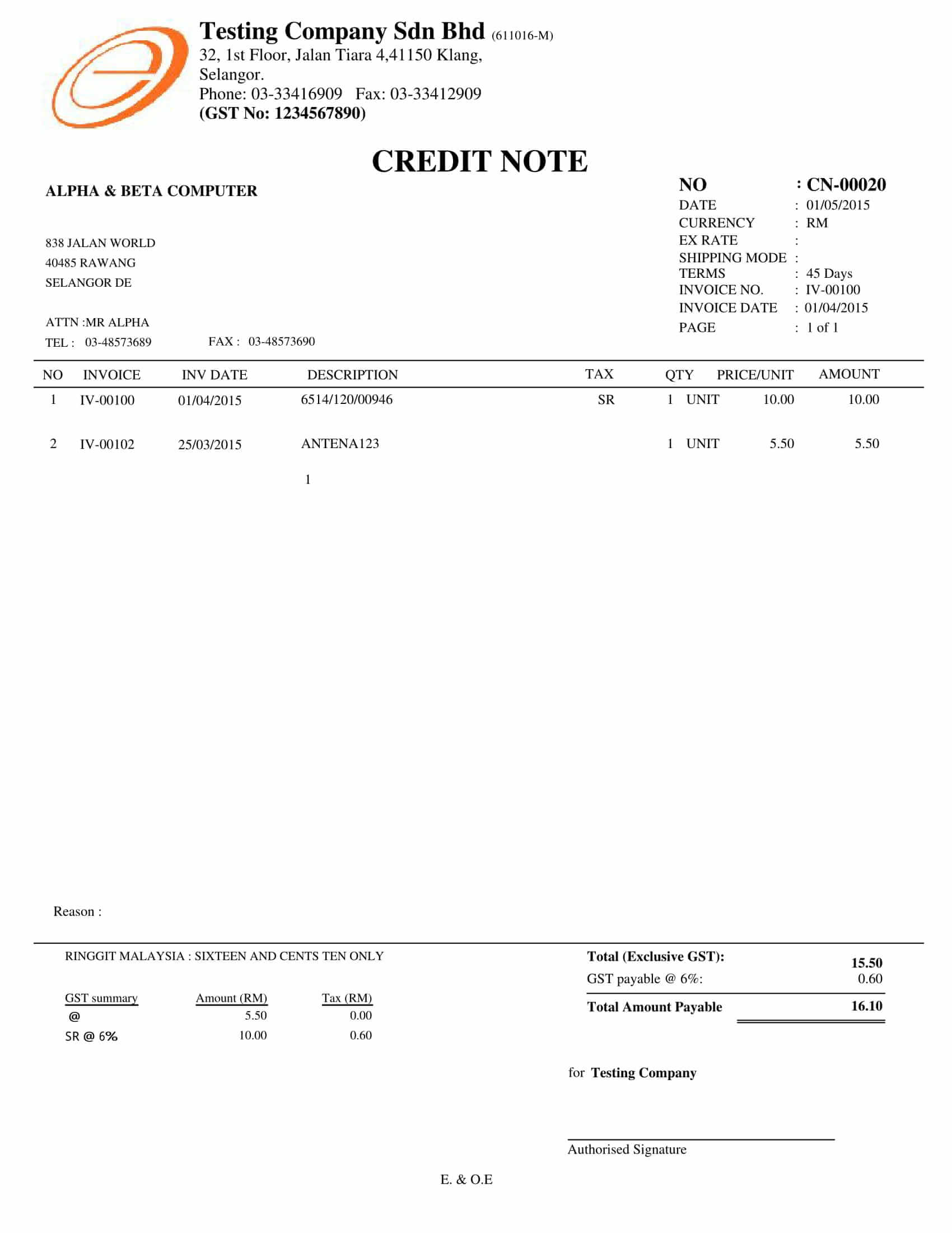 04 Sales Credit Note With GST Summary E Stream MSC